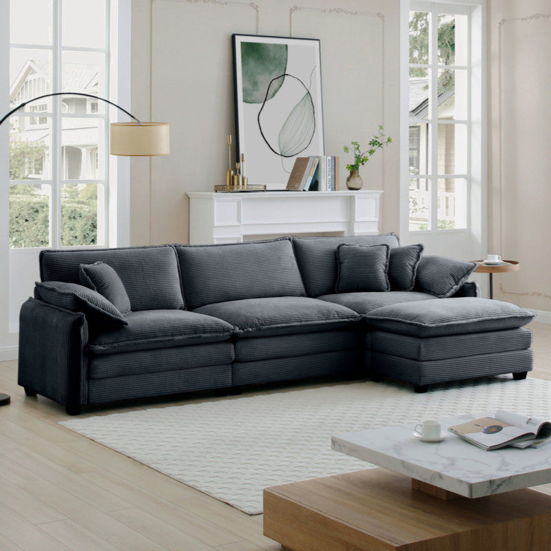 Oversize 3 Seater Sofa With One Footrest L Shaped Sectional Sofa With Ottoman For Living Rooms Grey Corduroy Sofa